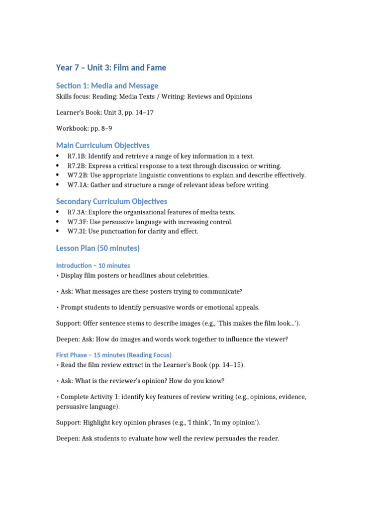 Year 7 Unit 3 Film and Fame Lesson Plan | PDF