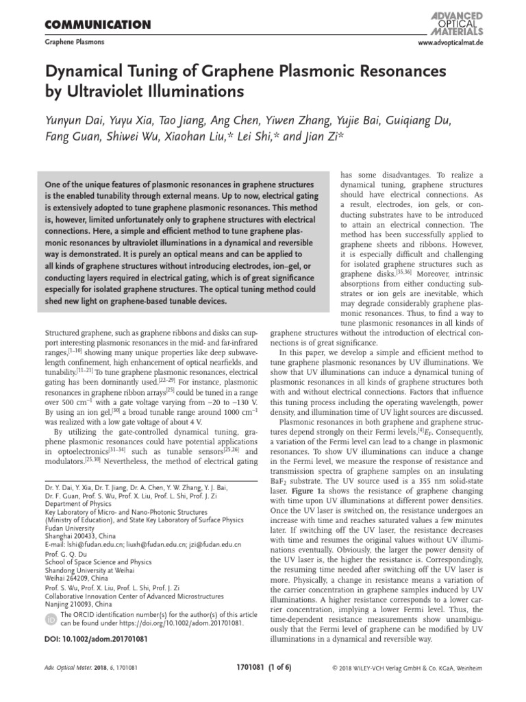 Dynamical Tuning of Graphene Plasmonic Resonances by Ultraviolet Illuminations | PDF | Graphene ...