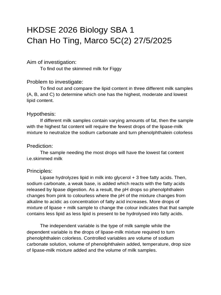 Hkdse 2026 Biology Sba 1 | PDF | Fat | Acid