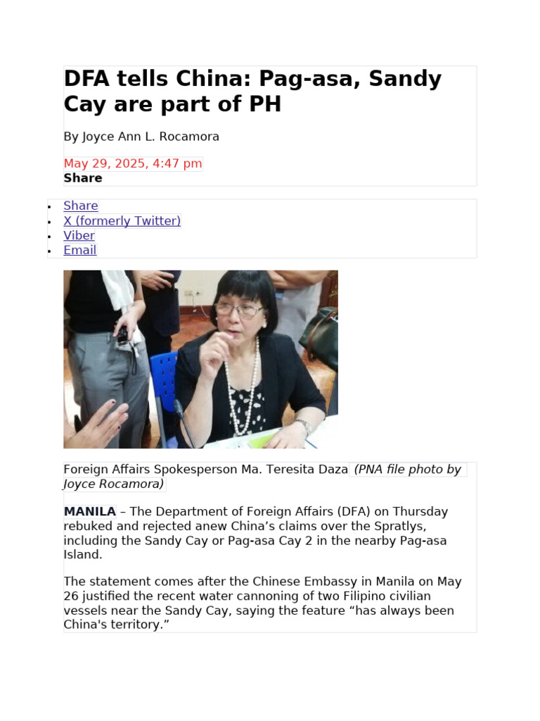 DFA Tells China Pag-Asa, Sandy Cay Are Part of PH | PDF