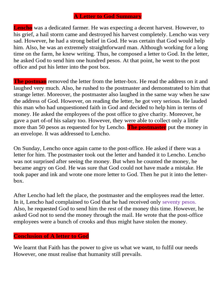 Lencho's Letter to God: A Summary | PDF