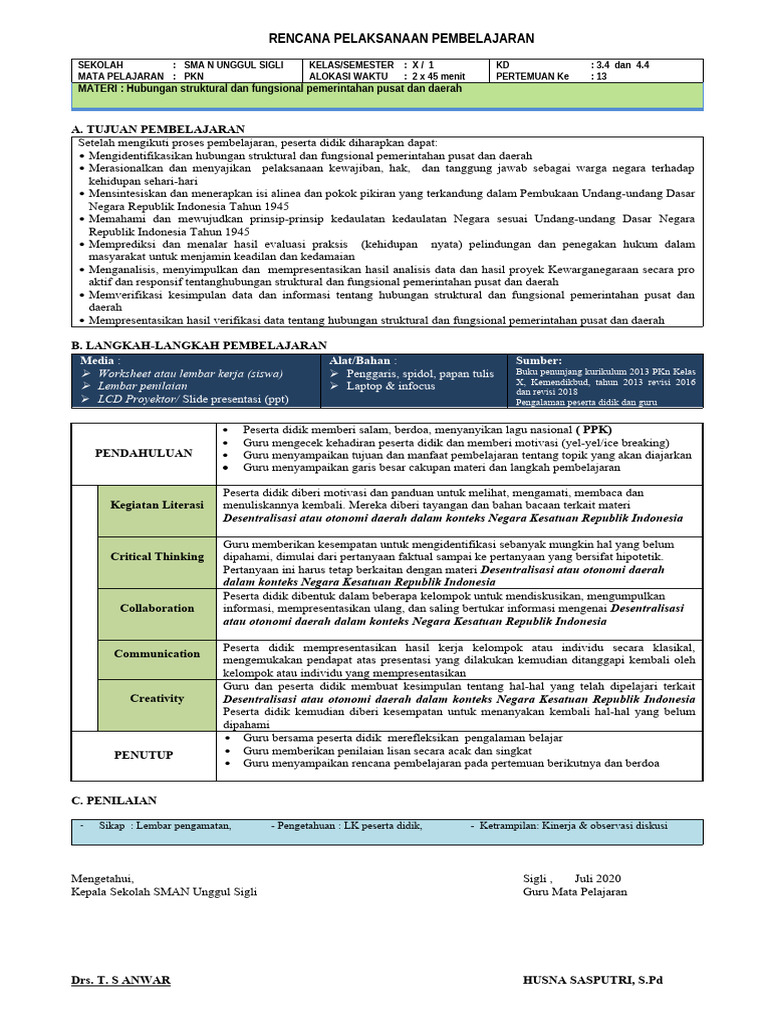 RPP 1 Lembar PKN Kelas X KD 3.4 - 4.4 | PDF
