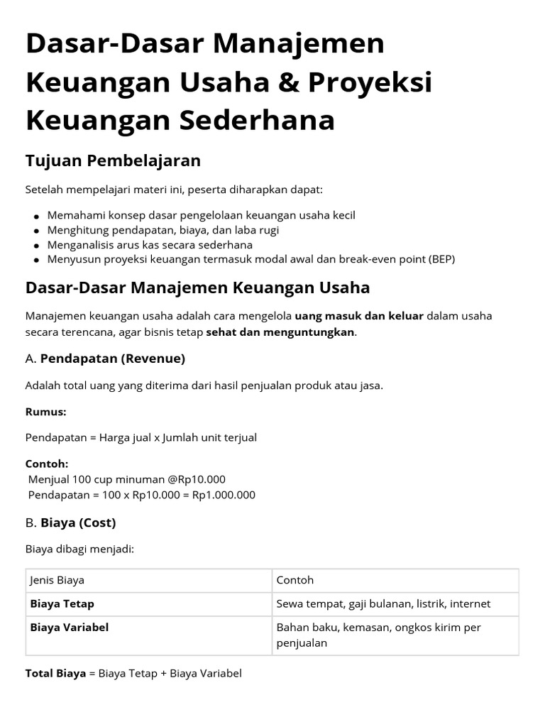Dasar-Dasar Manajemen Keuangan Usaha & Proyeksi Keuangan Sederhana | PDF