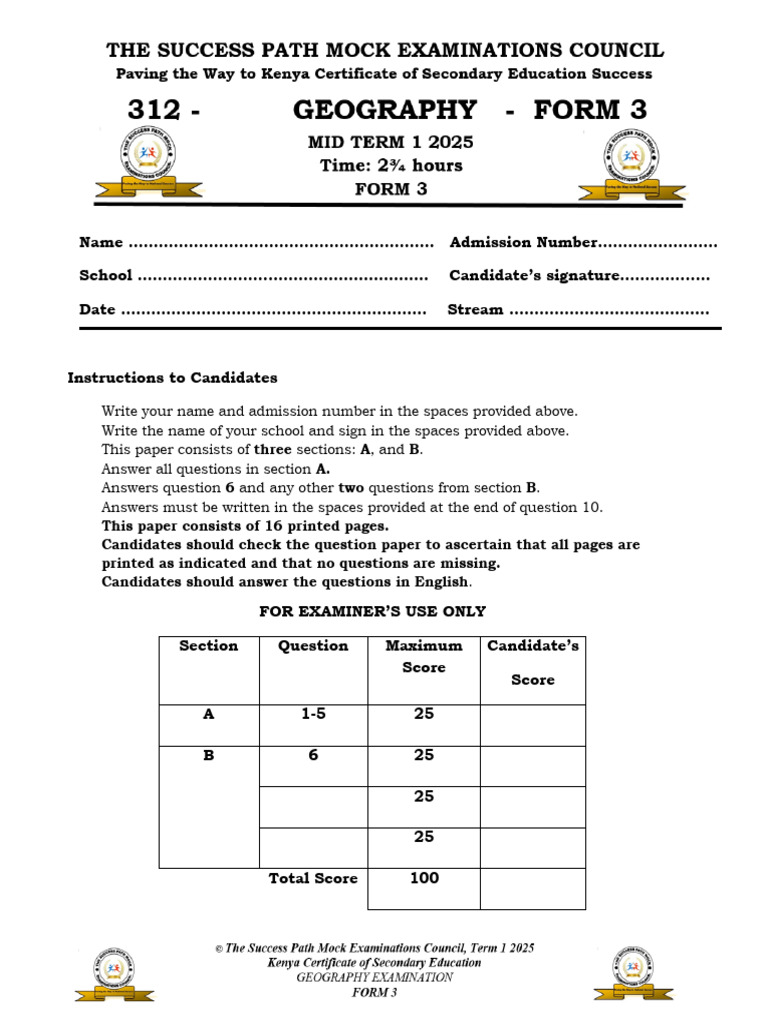 Geography Form 3 Mid Term 1, 2025 | PDF | Climate | Map