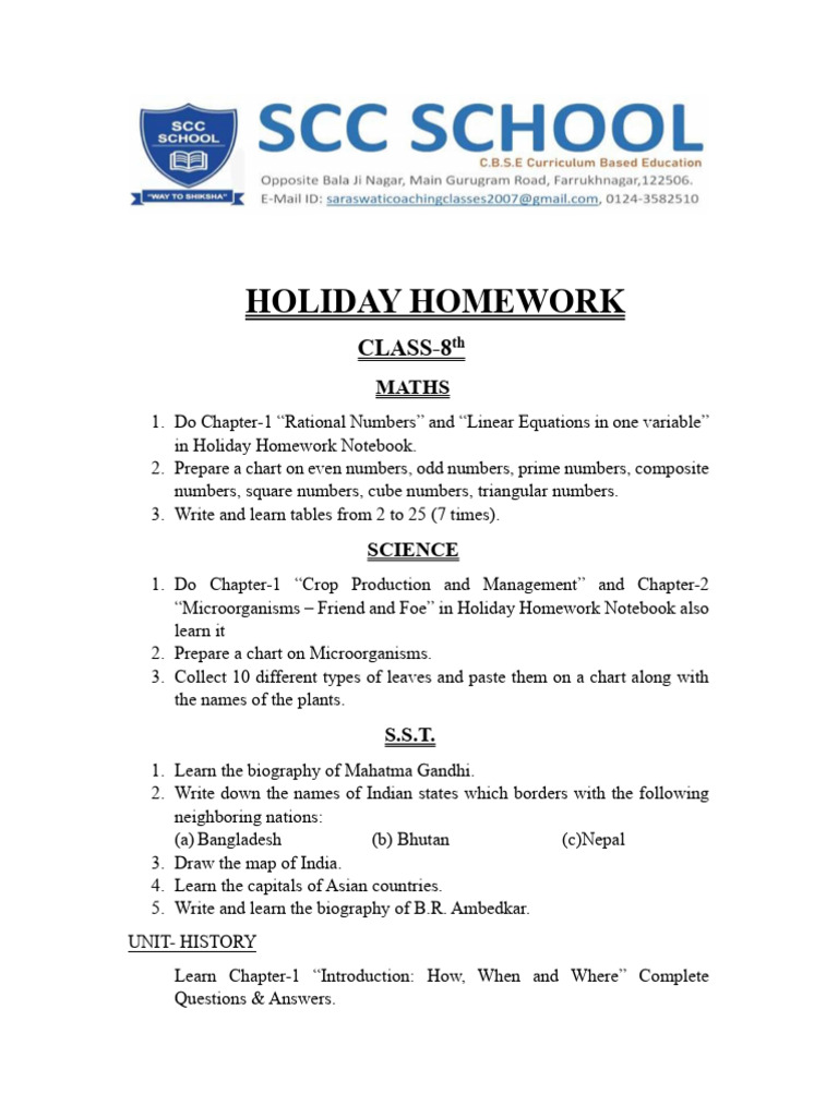 Holiday Homework 8th | PDF