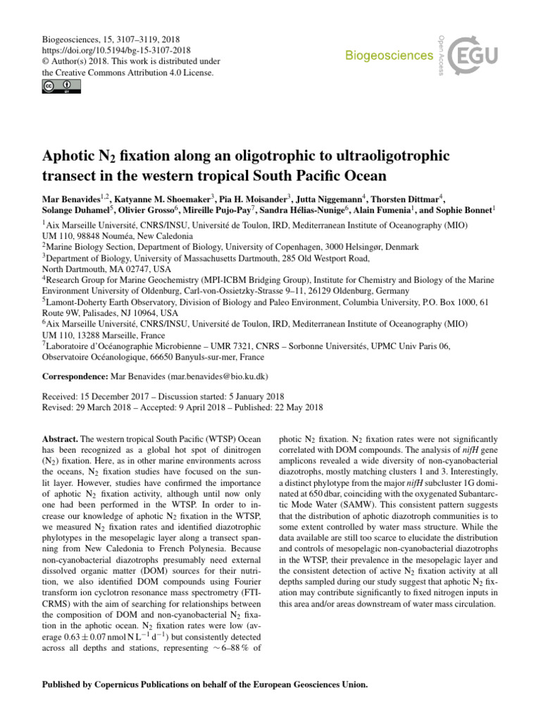 Aphotic N2 fixation along an oligotrophic to ultraoligotrophic transect ...