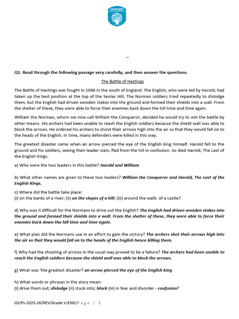 Reading Comprehension Answer Key - Grade 5 | PDF