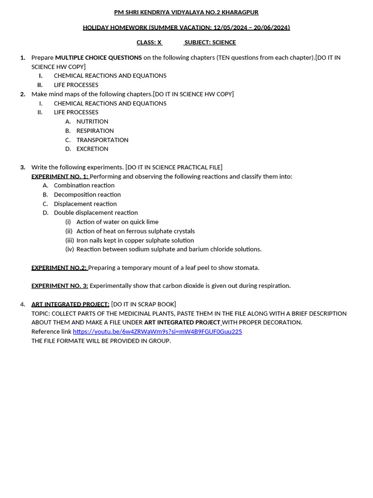 Class X Science Holiday Homework 2024 | PDF
