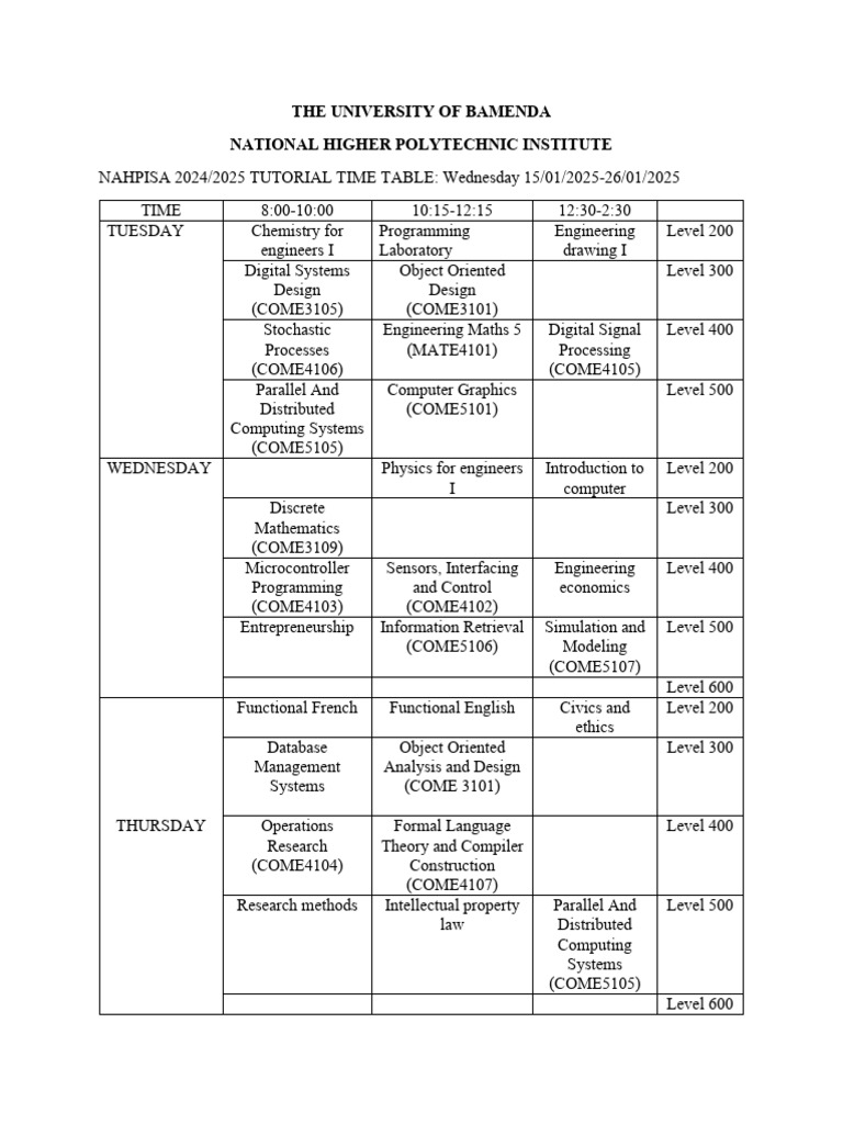 Come Tutorial Time Table | PDF | Mathematics | Engineering