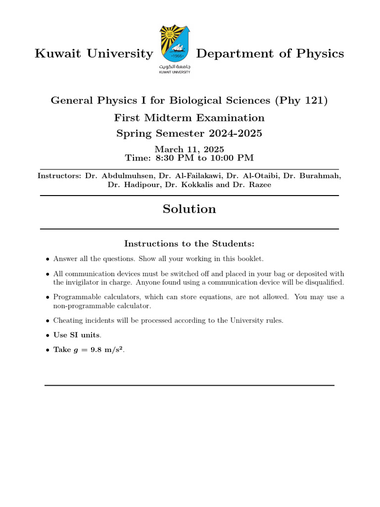 Phy121 Spring2024 2025 MT1 1 | PDF | Force | Classical Mechanics