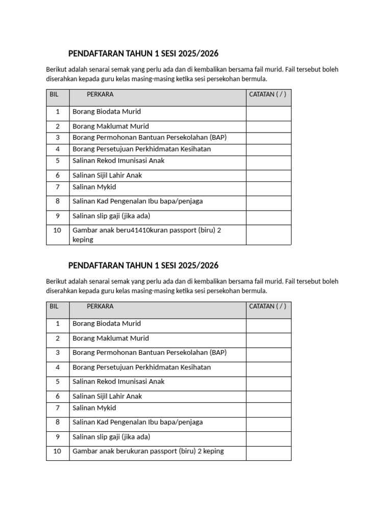 Senarai Semak Pendaftaran Tahun 1 | PDF