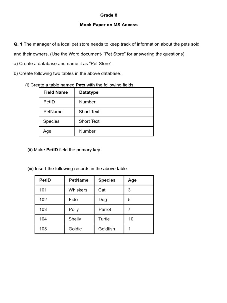 Grade 8 MS Access Mock Paper Guide | PDF | Pet | Data Management
