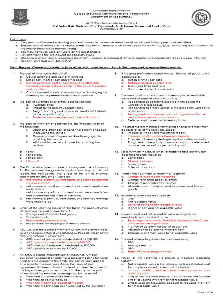 Act112 3rd Prelim Quiz Set 1 With Answers | PDF | Cost Of Goods Sold | Inventory