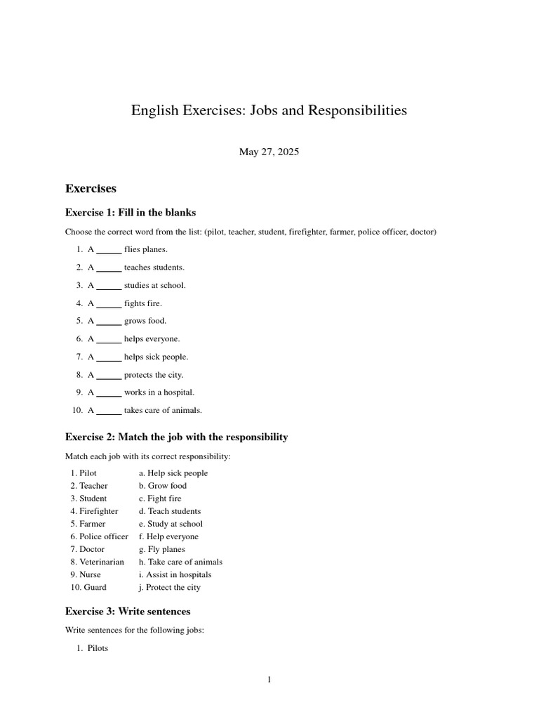 English Exercises: Jobs and Responsibilities | PDF | Question