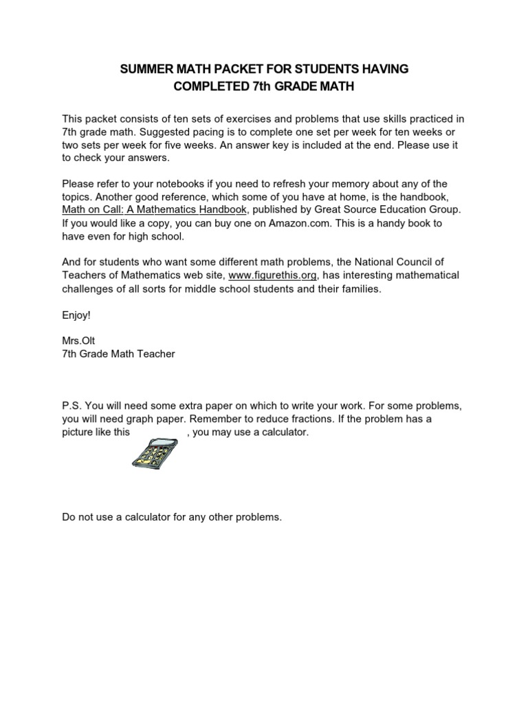 Summer Math Packet For Students Having Completed 7Th Grade Math | PDF ...