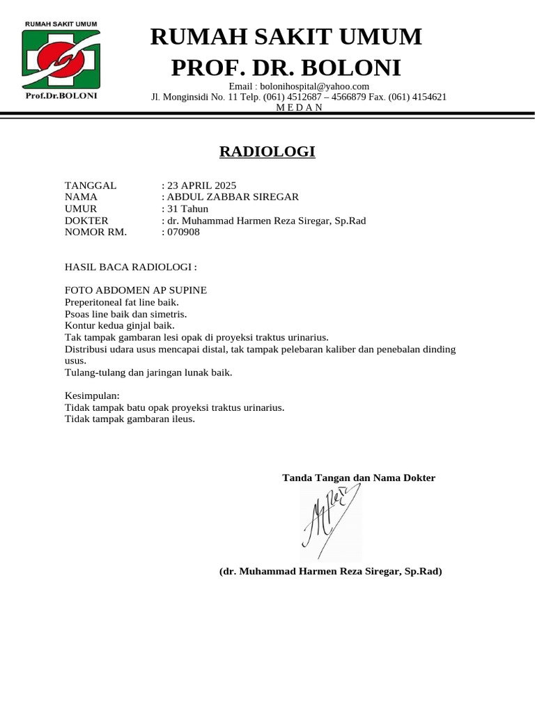 Hasil Radiologi Abdul Zabbar Siregar | PDF