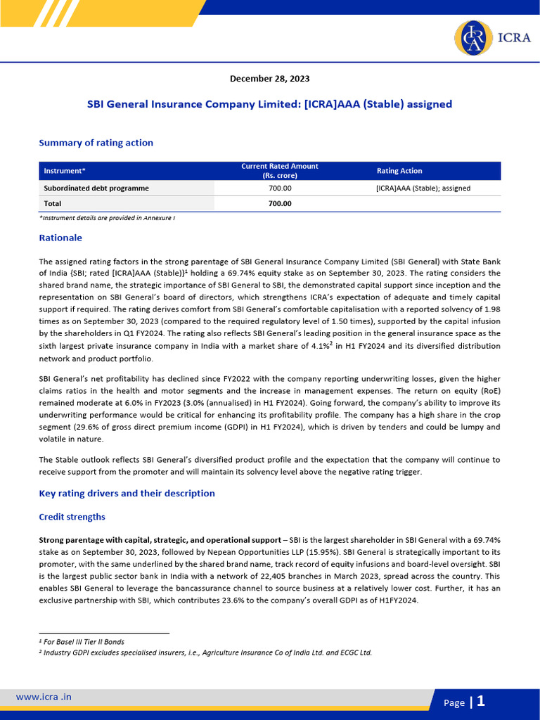 SBI General Insurance Rating Review | PDF | Insurance | Credit Rating ...