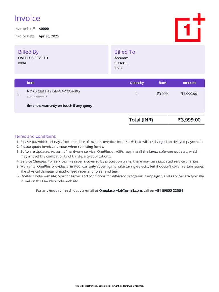Invoice A00001 Oneplus PRV LTD Abhiram | PDF