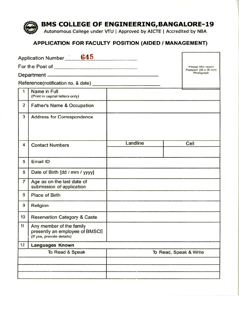 BMS Faculty Application | PDF