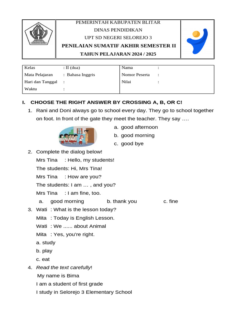 Kelas 2 Soal Psas Ii - B. Inggris SDN Selorejo 3 | PDF | Rainbow | Writing Implements
