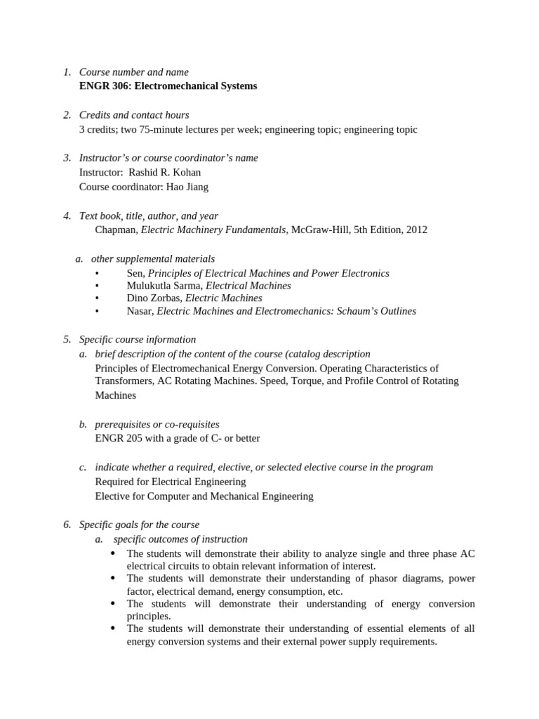 ENGR 306 Electromechanical Systems Course Syllabus | PDF | Transformer | Electrical Network