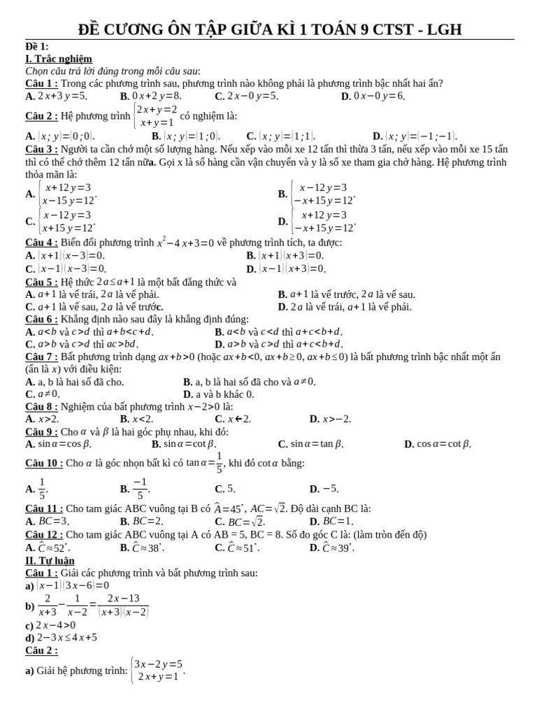 ĐỀ CƯƠNG GK1 TOÁN 9 CTST LGH | PDF