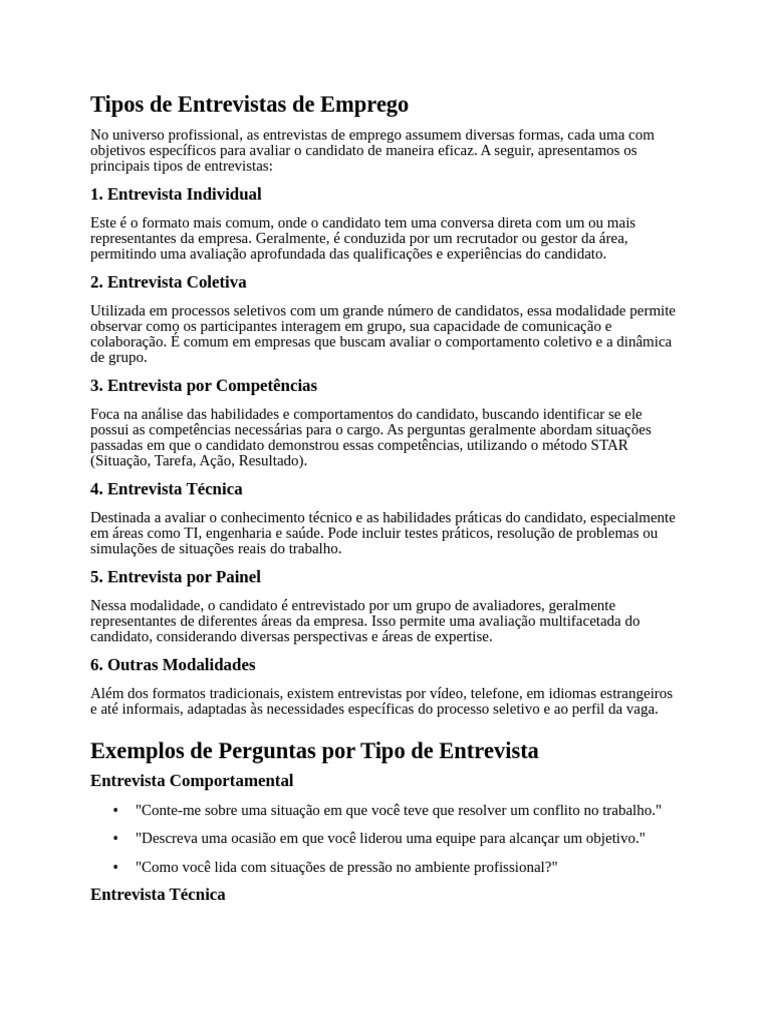 Tipos de Entrevistas de Emprego | PDF | Entrevista