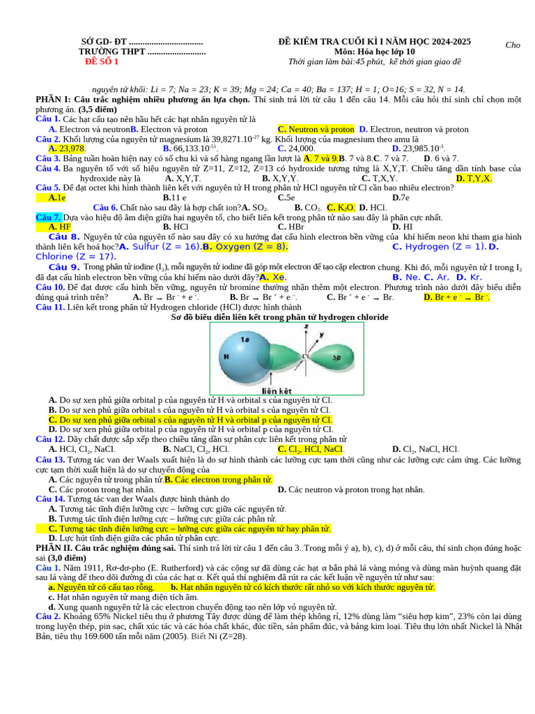 10 de - ON CUOI KI 1 HOA 10 Nam 2024-2025.DTT - GIAI | PDF