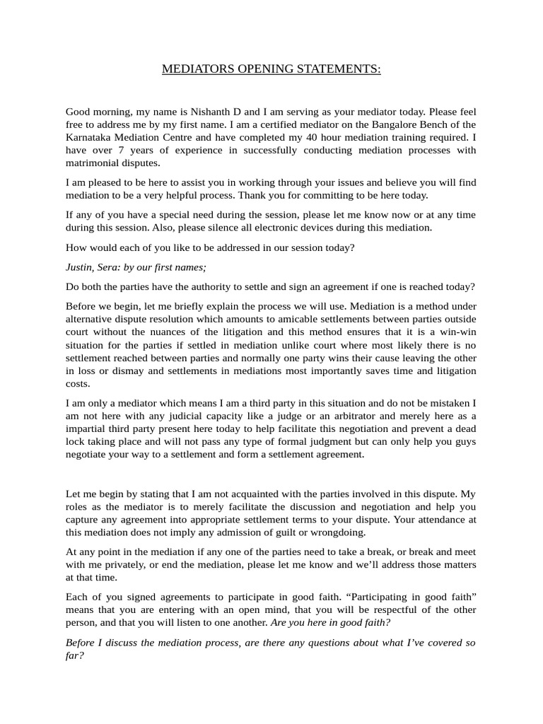 Mediator's Opening Statement Guide | PDF | Mediation | Alternative ...