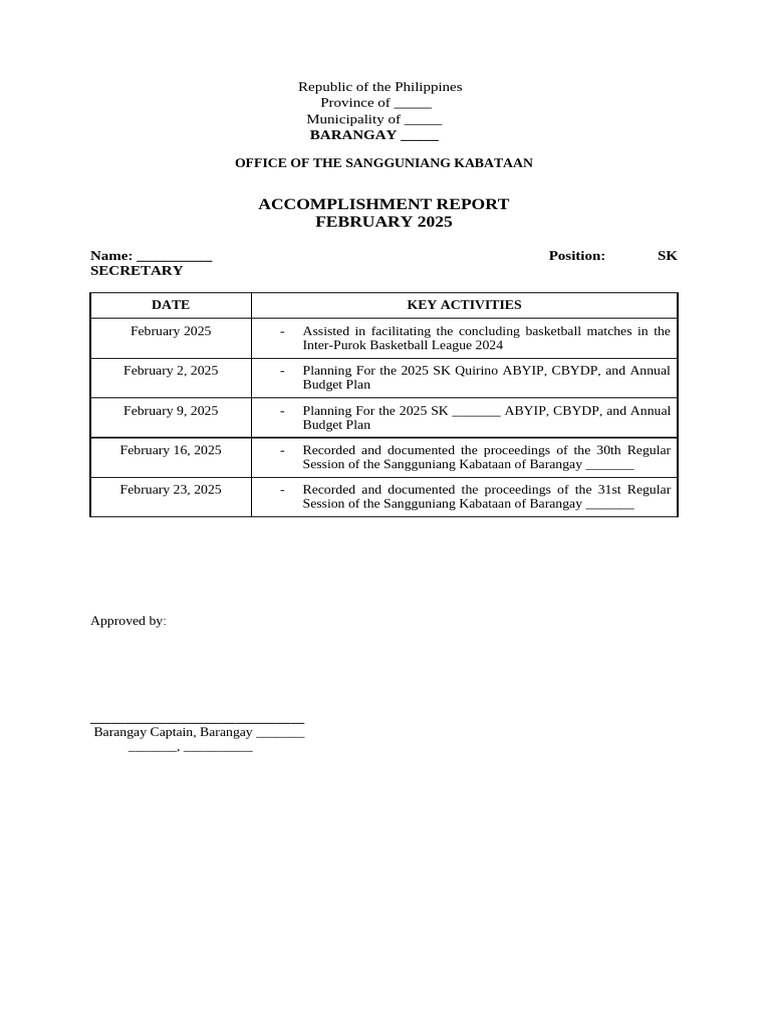 SK Accomplishment Report February 2025 | PDF