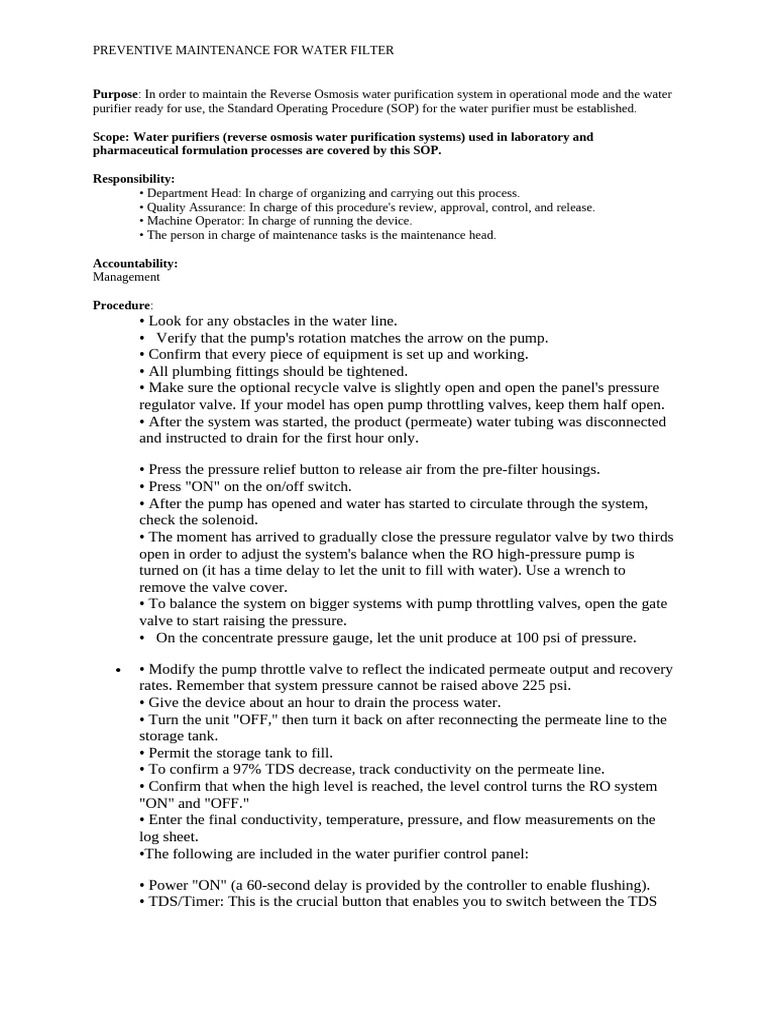 Preventive Maintenance Sop For Water Filter 19-12-24 | PDF | Membrane ...