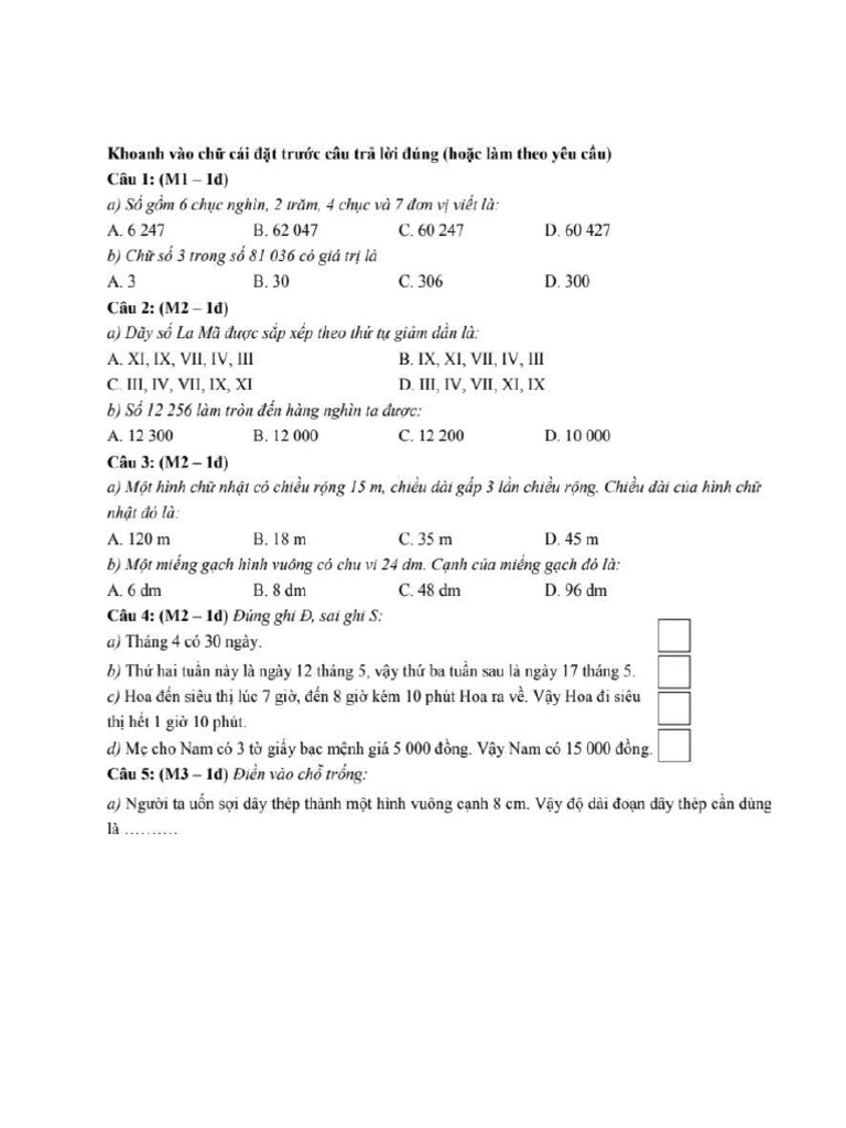 ĐỀ ÔN TẬP TOÁN 3 | PDF