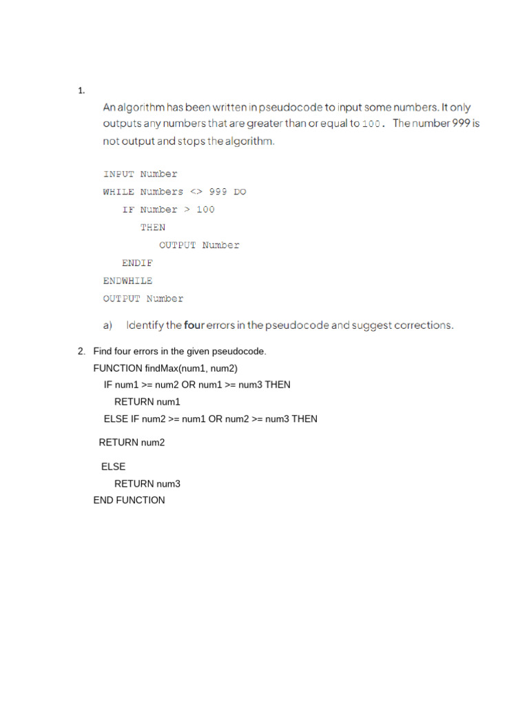 Error Finding Pseudocode Exercises | PDF