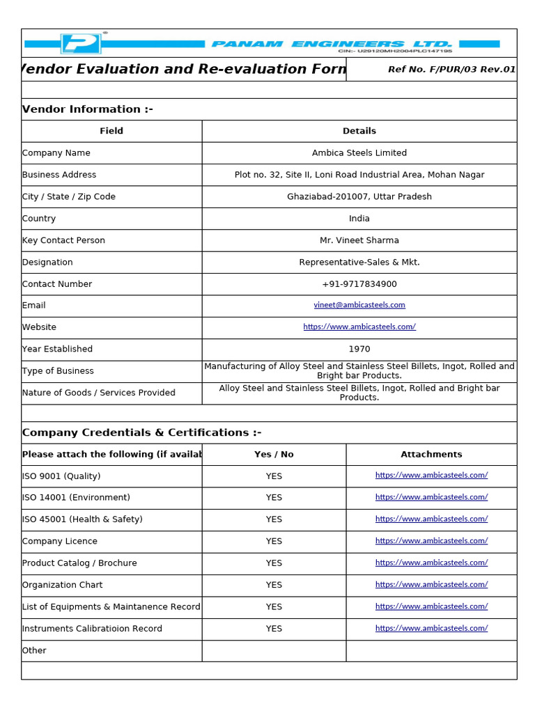 Vendor Evaluation and Re-Evaluation Form | PDF | Business