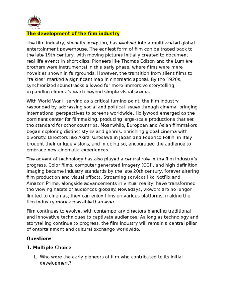 The Development of The Film Industry | PDF | Cinematography | Cinema Of ...