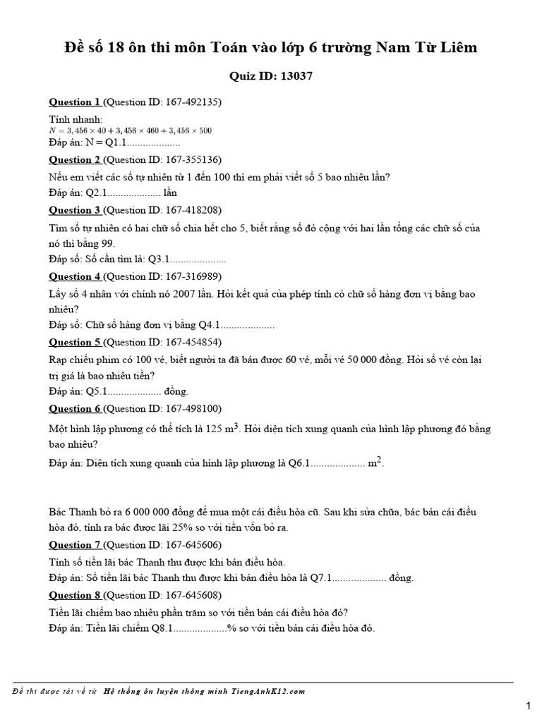 Quiz - 13037 - de So 18 On Thi Mon Toan Vao Lop 6 Truong Nam Tu Liem | PDF