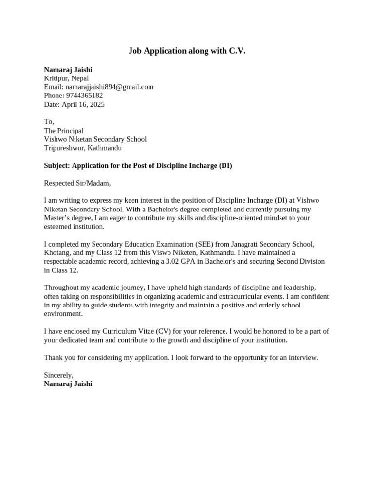 Job Application for Discipline Incharge | PDF