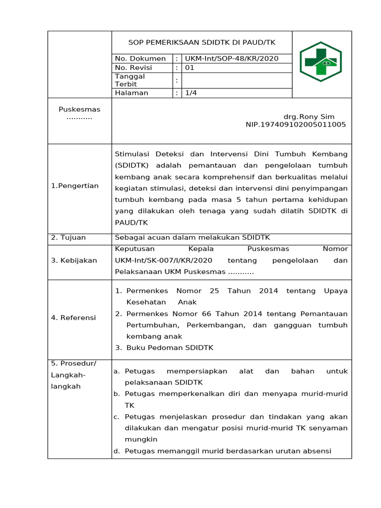 SOP SDIDTK Di PAUD 2020 | PDF