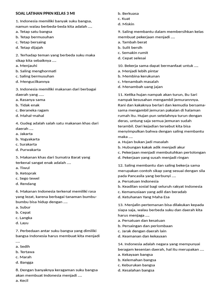 Soal Latihan PPKN Kelas 3 Mi | PDF