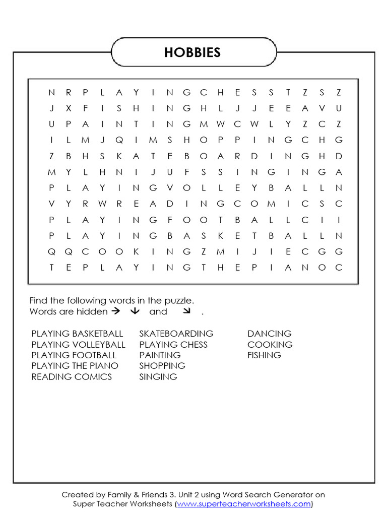 FF3 - unit 2 - hobbies - wordsearch | PDF | Linguistics | Word Puzzles