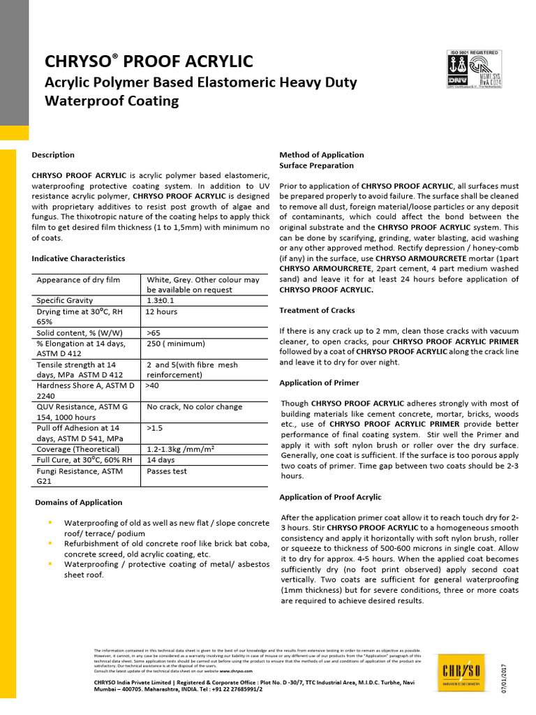 CHRYSO Proof Acrylic Waterproof Coating | PDF | Acrylic Paint | Concrete