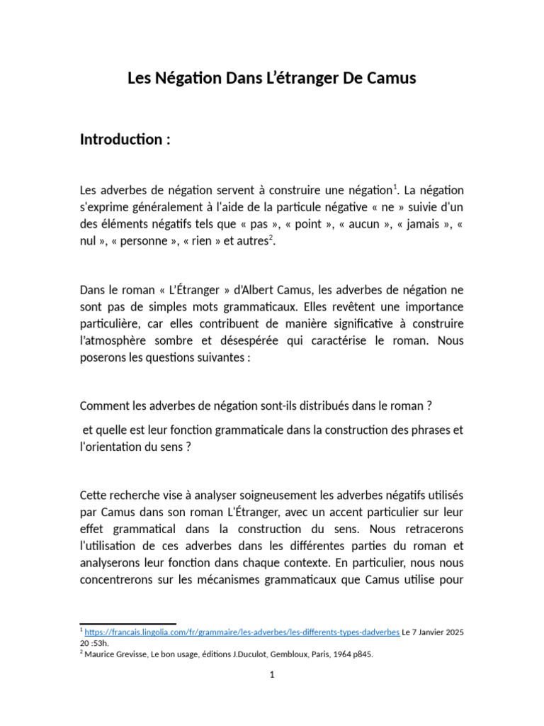 Négation dans L'Étranger de Camus | PDF | Albert Camus | Phrase