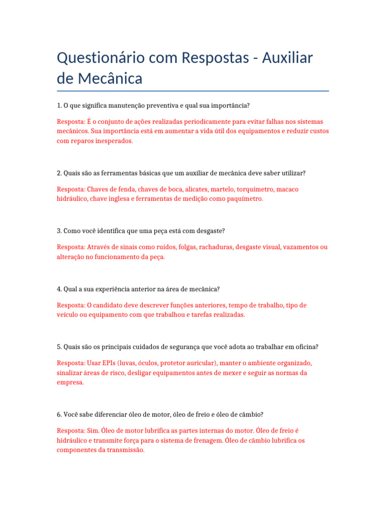 Questionario Respostas Auxiliar Mecanica | PDF