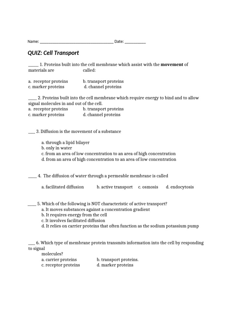 Cell Transport Quiz | PDF