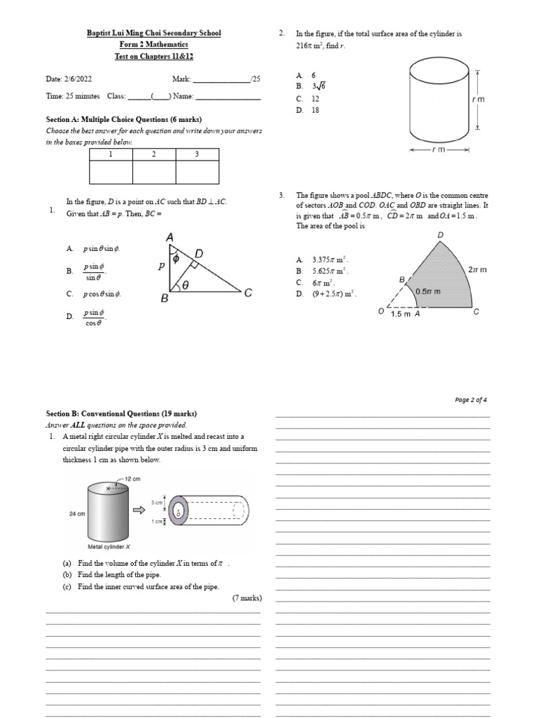 Form 2 Math Test: Chapters 11 & 12 | PDF | Area | Geometric Shapes