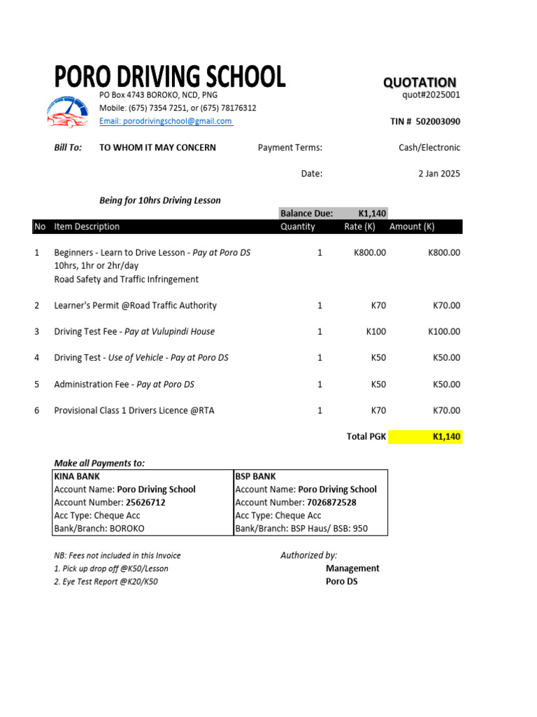 PDS Quotation For 10hrs - 20hrs Driving Lessons 2025 | PDF | Cheque ...