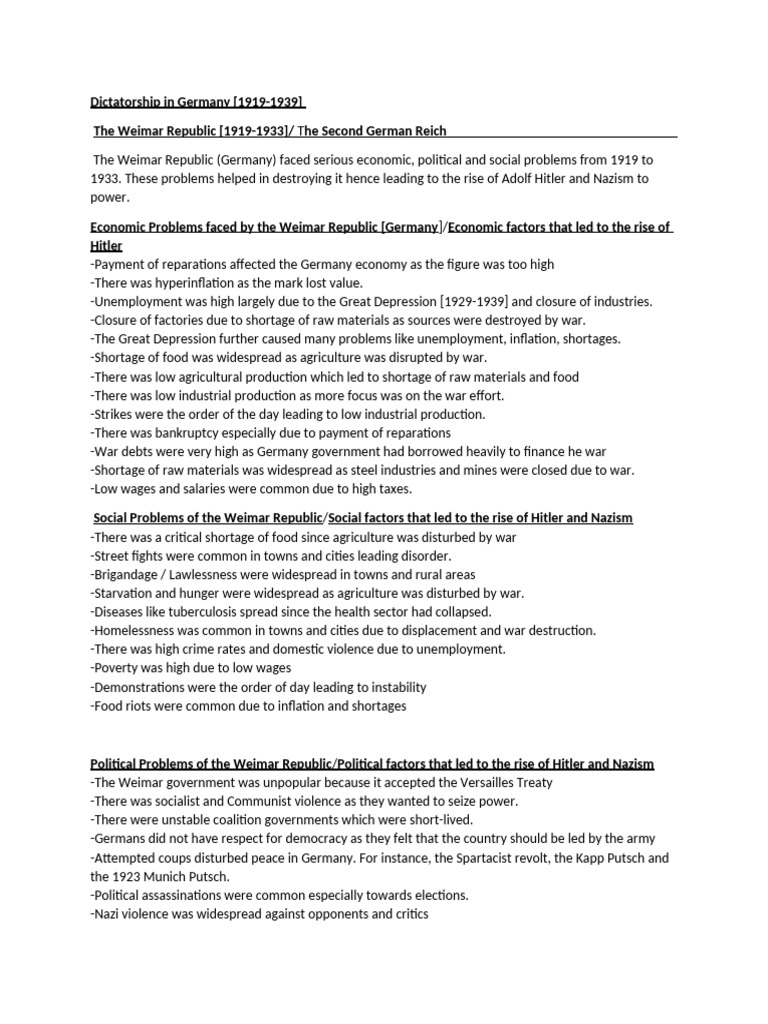 Germany After WW1 O Level | PDF | Nazi Germany | Weimar Republic