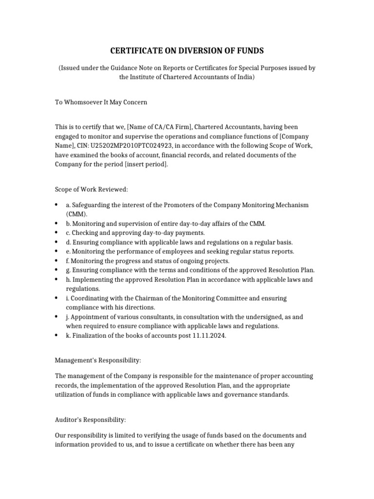 Certificate of Fund Diversion Review | PDF | Regulatory Compliance ...
