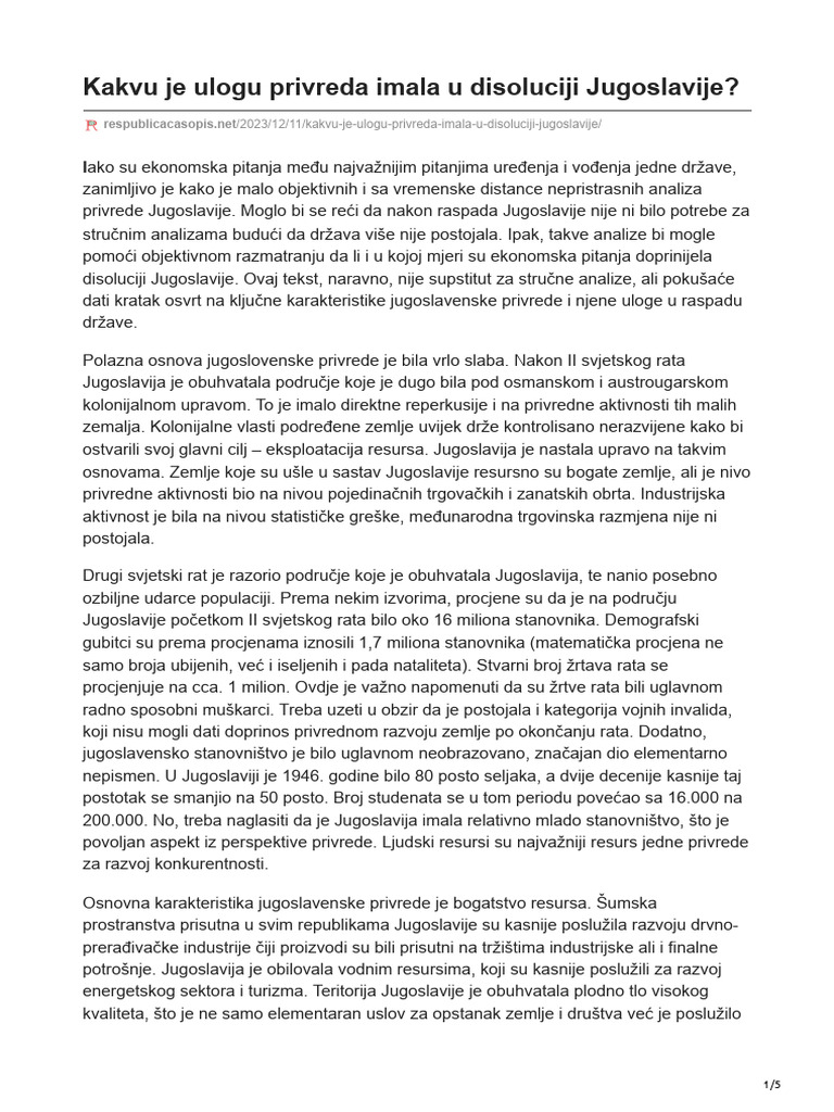 Kakvu Je Ulogu Privreda Imala U Disoluciji Jugoslavije | PDF