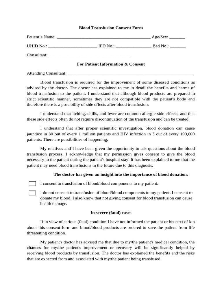 Blood Transfusion Consent Form With Donation English | PDF | Blood ...
